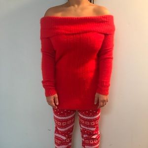 Moda International | Sweaters | Red Off Shoulder Angora Sweater | Poshmark